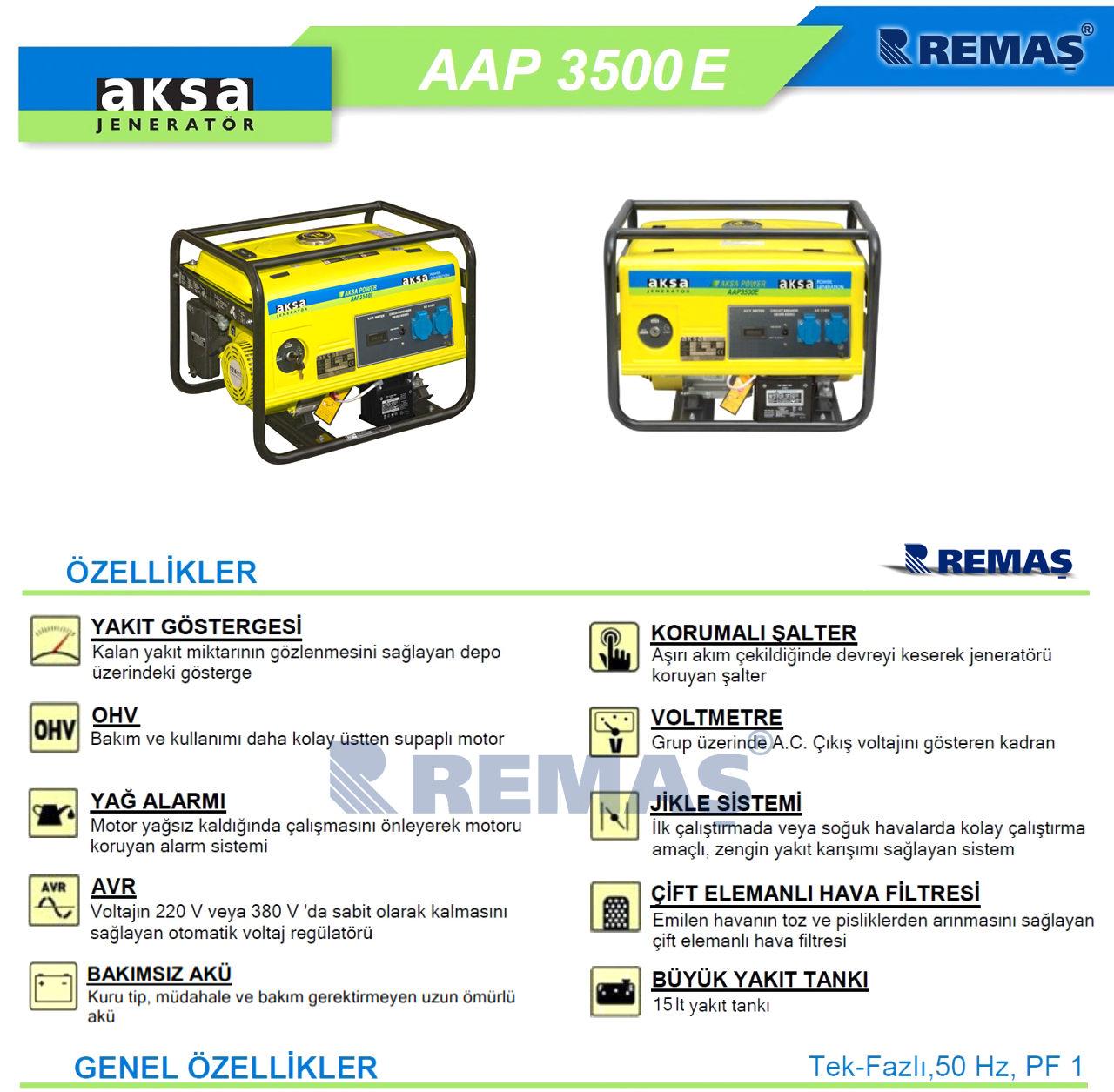 Aksa AAP 3500 E Marşlı 3.5 kVA Benzinli Jeneratör